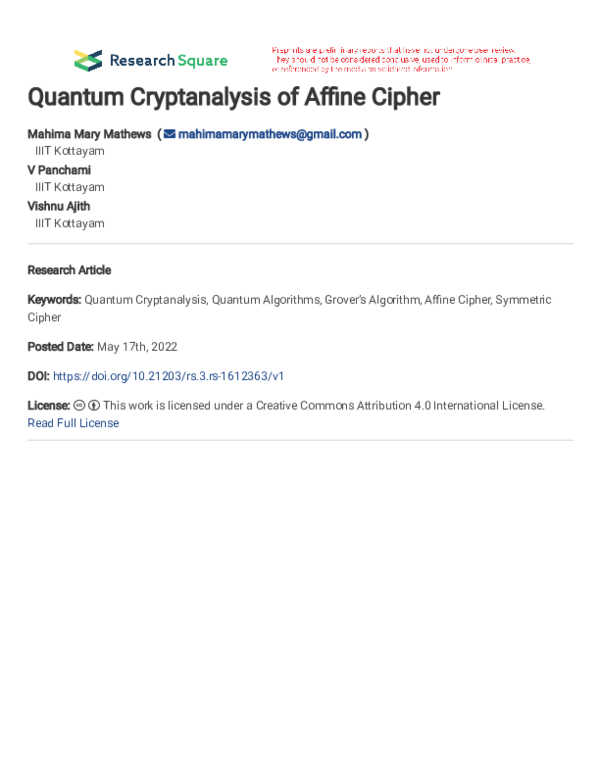 (PDF) Quantum Cryptanalysis of Affine Cipher