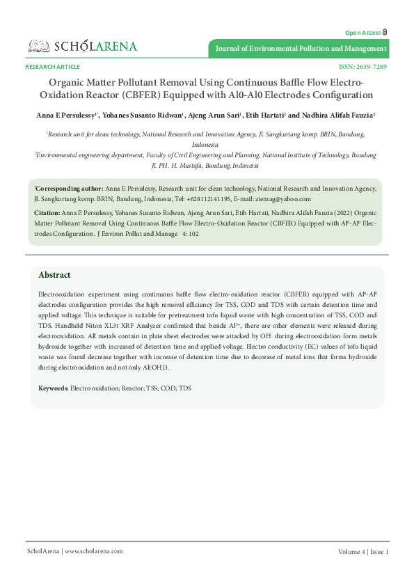 (PDF) Organic Matter Pollutant Removal Using Continuous Baffle Flow Electro- Oxidation Reactor ...