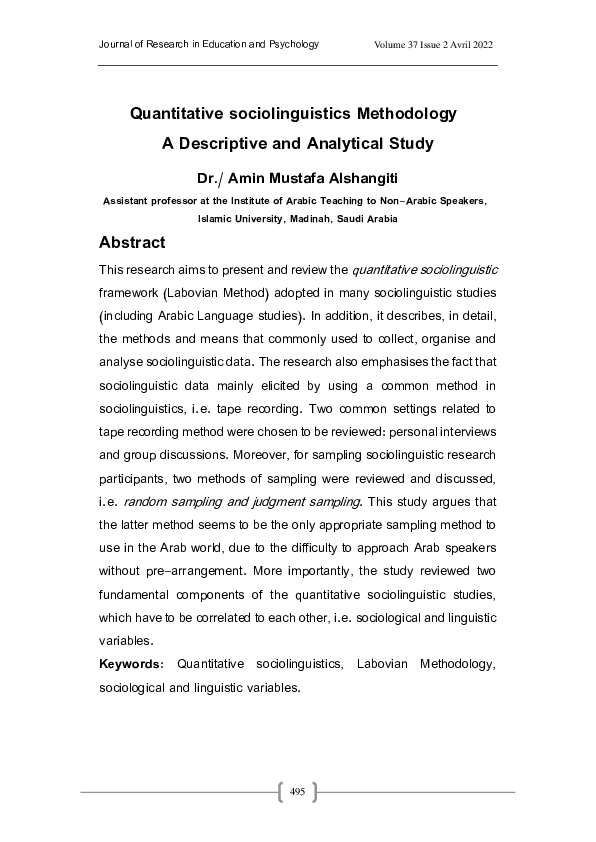 (PDF) Quantitative sociolinguistics Methodology A Descriptive and ...