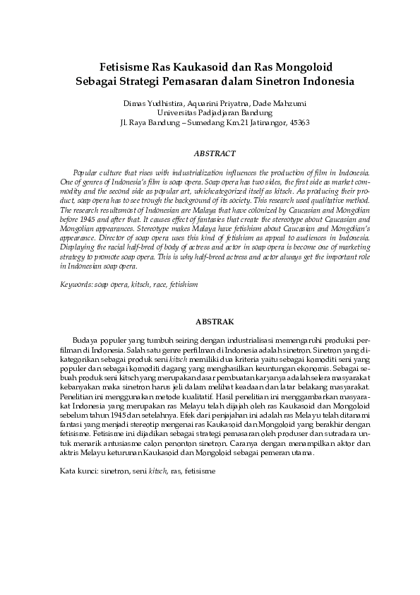 (PDF) Fetisisme Ras Kaukasoid dan Ras Mongoloid Sebagai Strategi Pemasaran dalam Sinetron Indonesia