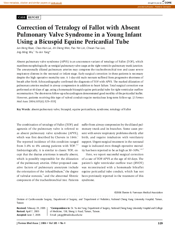 (PDF) Correction of Tetralogy of Fallot with Absent Pulmonary Valve Syndrome in a Young Infant ...