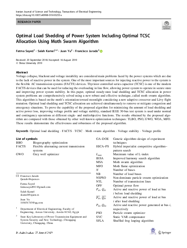 Pdf Optimal Load Shedding Of Power System Including Optimal Tcsc Allocation Using Moth Swarm