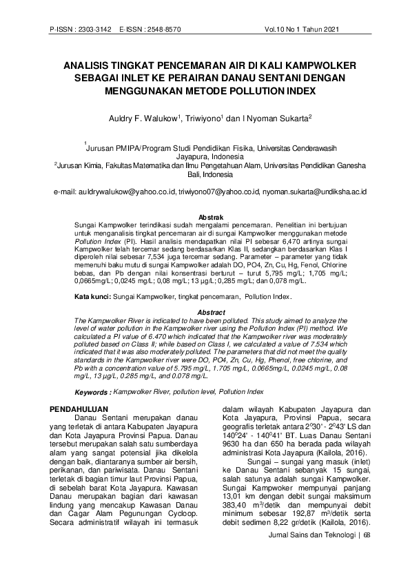 (PDF) Analisis Tingkat Pencemaran Air DI Kali Kampwolker Sebagai Inlet ...