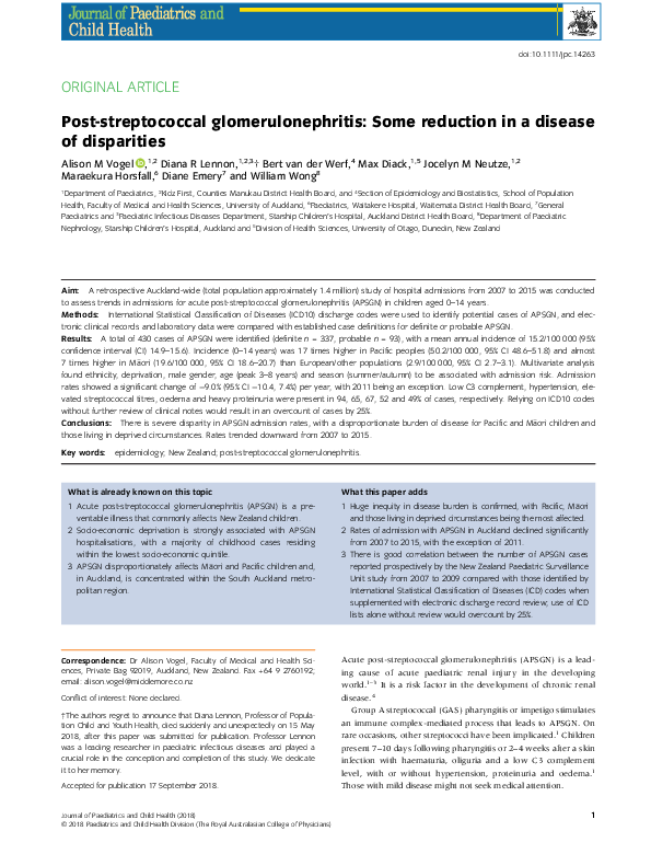 (PDF) Post‐streptococcal glomerulonephritis: Some reduction in a disease of disparities