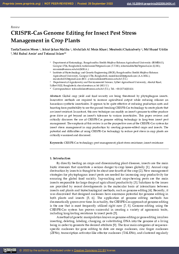 (PDF) CRISPR-Cas Genome Editing for Insect Pest Stress Management in ...