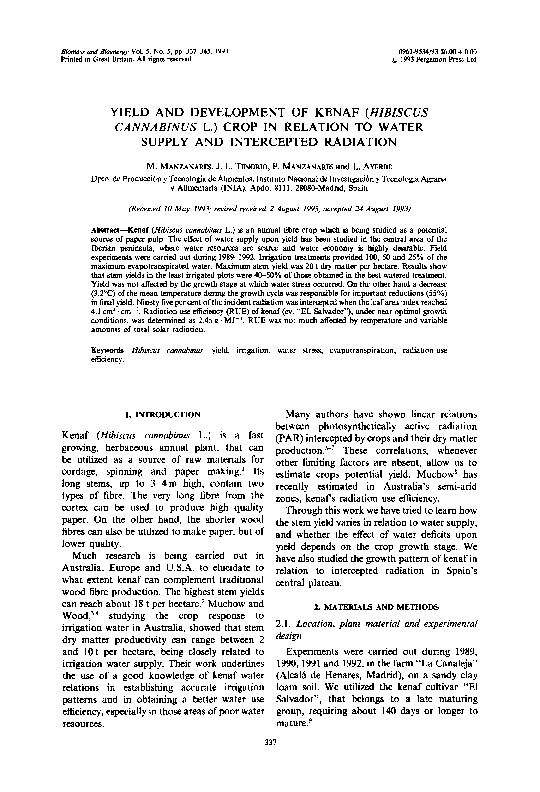 (PDF) Yield and development of kenaf (Hibiscus Cannabinus L.) crop in ...