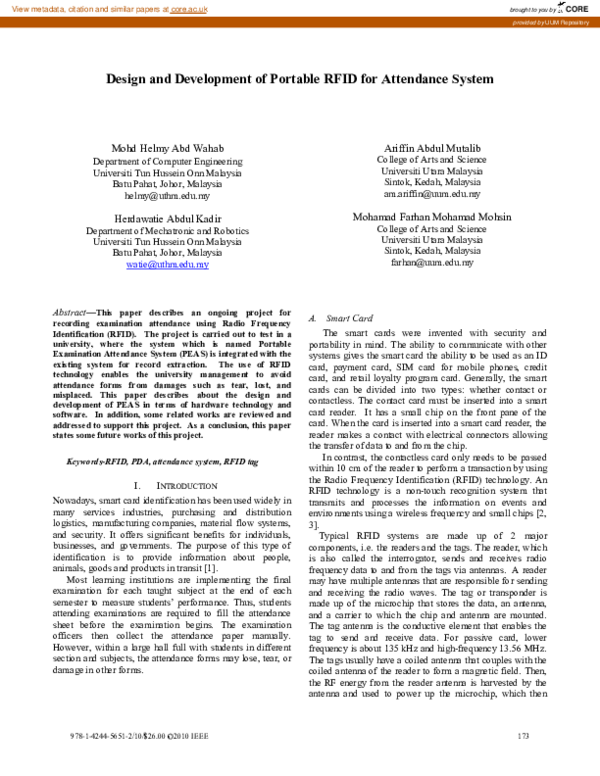 (PDF) Design and development of portable RFID for attendance system