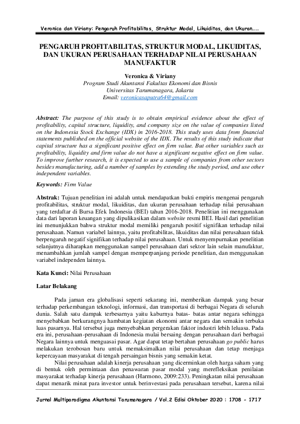 (PDF) Pengaruh Profitabilitas, Struktur Modal, Likuiditas, Ukuran Perusahaan Dan Kebijakan ...
