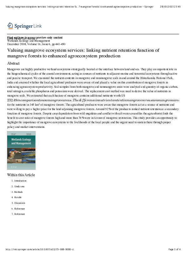 (PDF) Valuing mangrove ecosystem services: linking nutrient retention ...