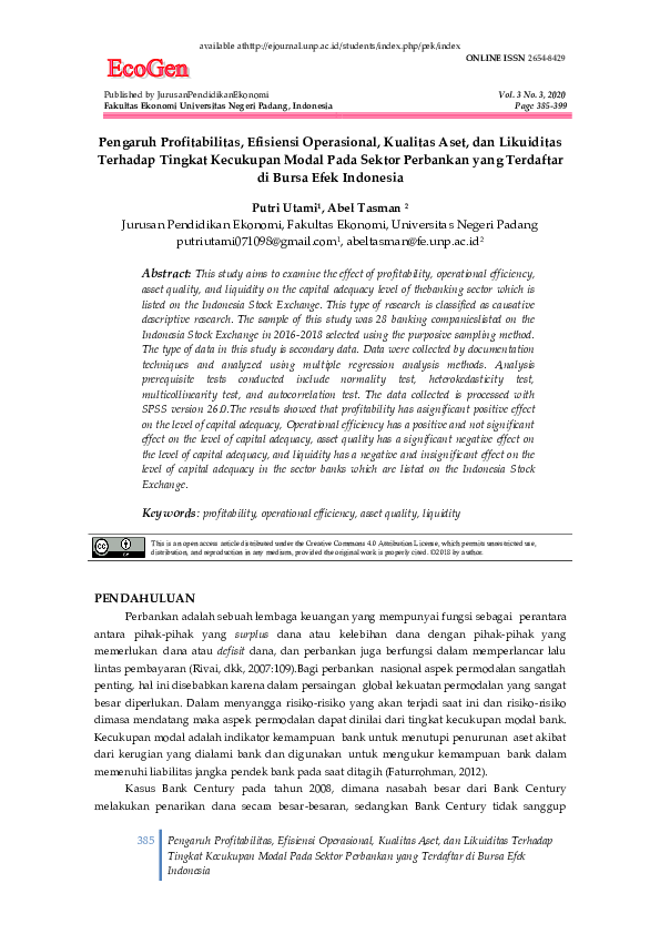 (PDF) Pengaruh Profitabilitas, Efisiensi Operasional, Kualitas Aset, dan Likuiditas Terhadap ...