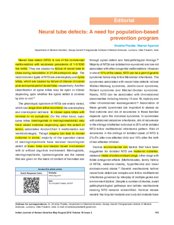 (PDF) Neural tube defects: A need for population-based prevention program
