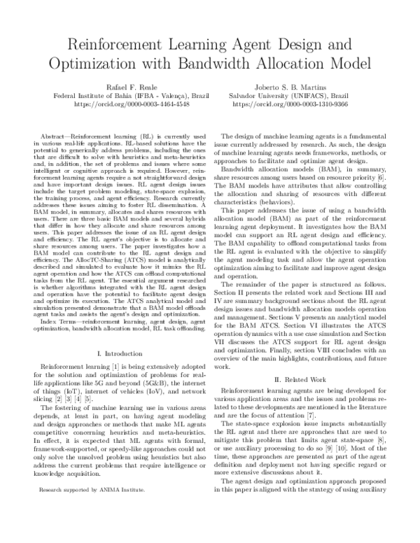 Pdf Reinforcement Learning Agent Design And Optimization With Bandwidth Allocation Model