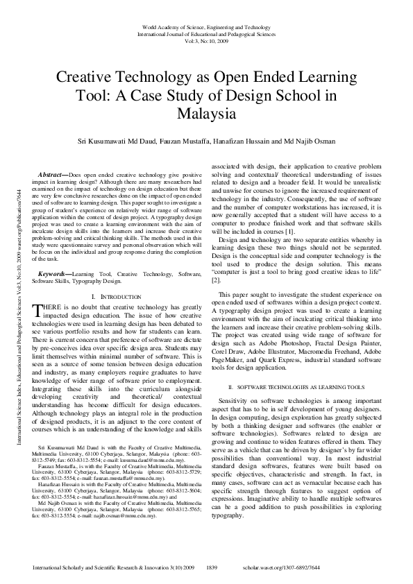 (PDF) Creative Technology As Open Ended Learning Tool: A Case Study Of ...