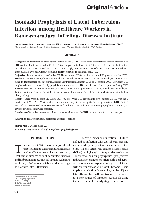 (PDF) Isoniazid Prophylaxis of Latent Tuberculous Infection among ...