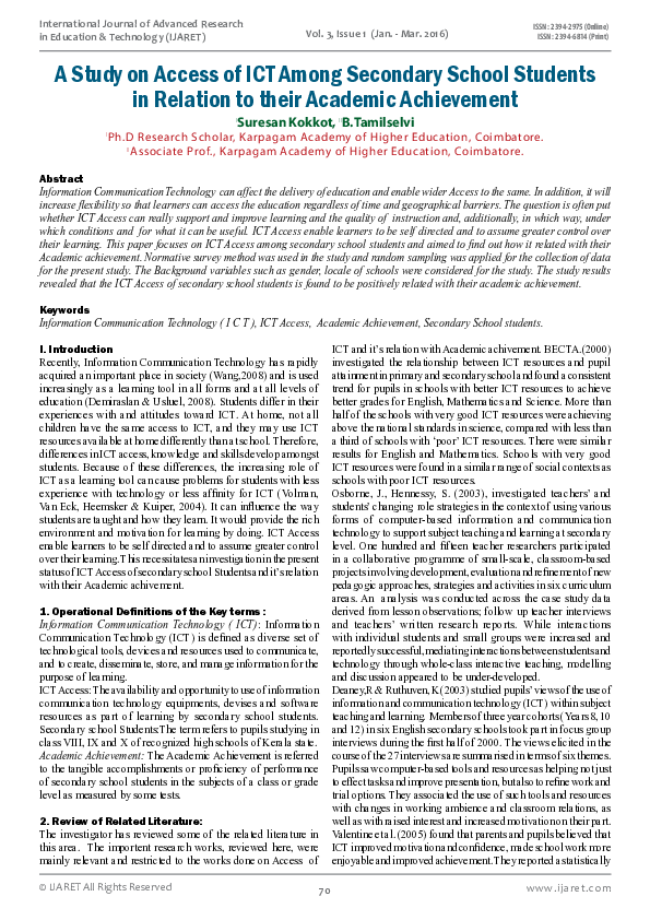 (PDF) A STUDY ON ACCESS OF ICT AMONG SECONDARY SCHOOL STUDENTS IN ...
