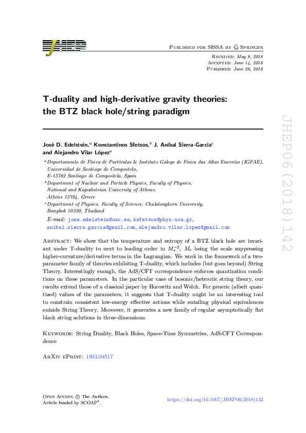 (PDF) T-duality and high-derivative gravity theories: the BTZ black hole/string paradigm