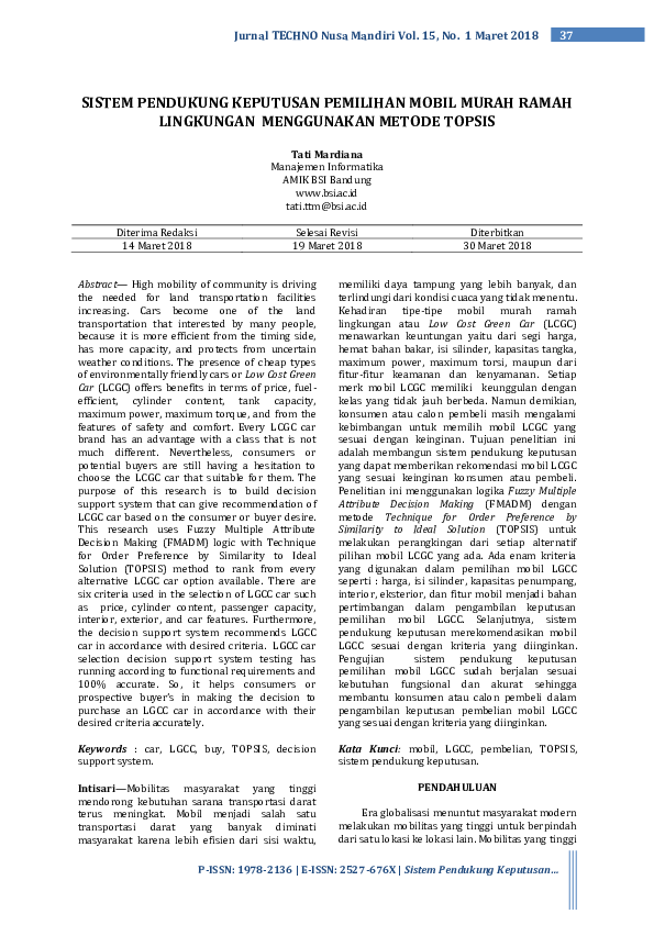 (PDF) Sistem Pendukung Keputusan Pemilihan Mobil Murah Ramah Lingkungan Menggunakan Metode Topsis