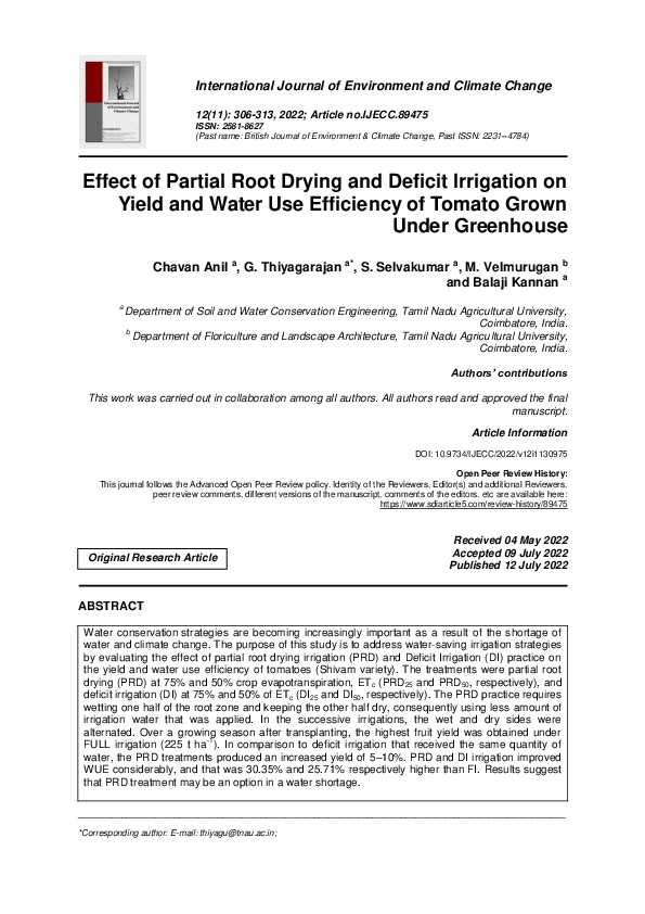 Pdf Effect Of Partial Root Drying And Deficit Irrigation On Yield And