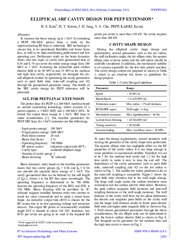 (PDF) Elliptical SRF Cavity Design for Pefp Extension