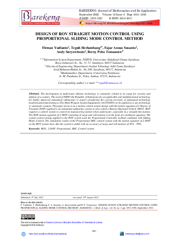 Pdf Design Of Rov Straight Motion Control Using Proportional Sliding Mode Control Method