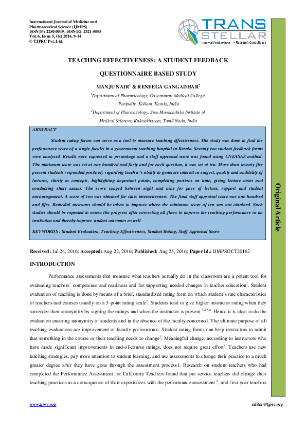 (PDF) Teaching Effectiveness: A Student Feedback Questionnaire Based Study