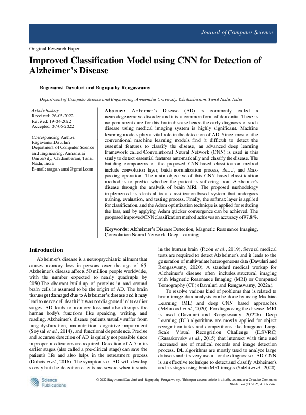 (PDF) Improved Classification Model using CNN for Detection of Alzheimer’s Disease