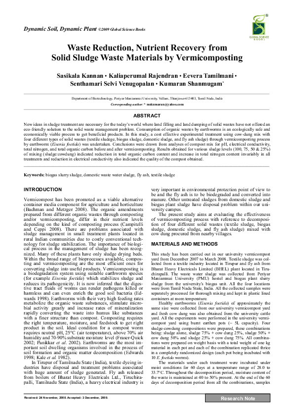(PDF) Waste reduction, nutrient recovery from solid sludge waste ...