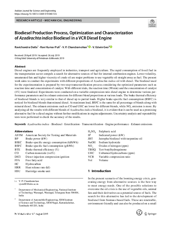 Pdf Biodiesel Production Process Optimization And Characterization To