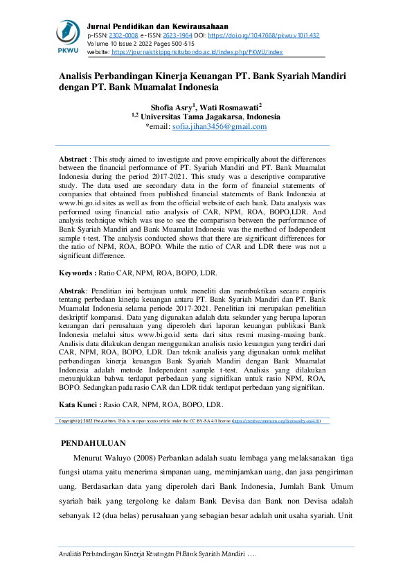(PDF) Analisis Perbandingan Kinerja Keuangan PT. Bank Syariah Mandiri dengan PT. Bank Muamalat ...