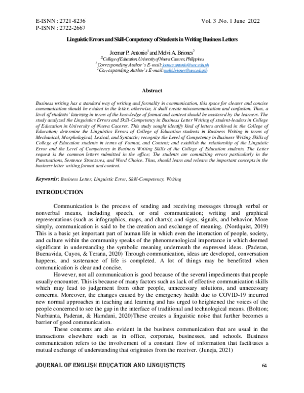 (PDF) Linguistic Errors and Skill-Competency of Students in Writing Business Letters