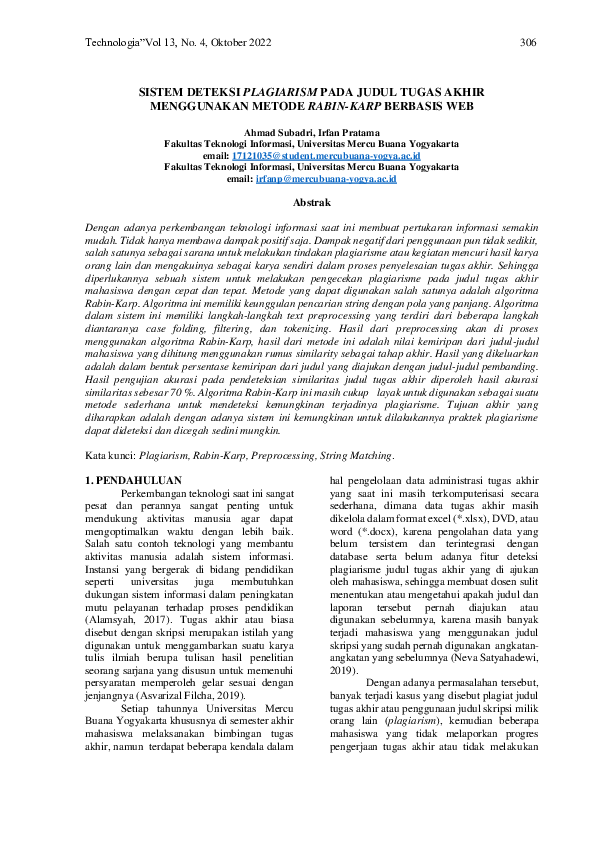 (PDF) Sistem Deteksi Plagiarism Pada Judul Tugas Akhir Menggunakan Metode Rabin-Karp Berbasis Web