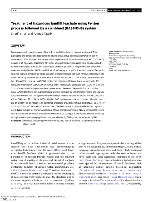 (PDF) Treatment of hazardous landfill leachate using Fenton process ...