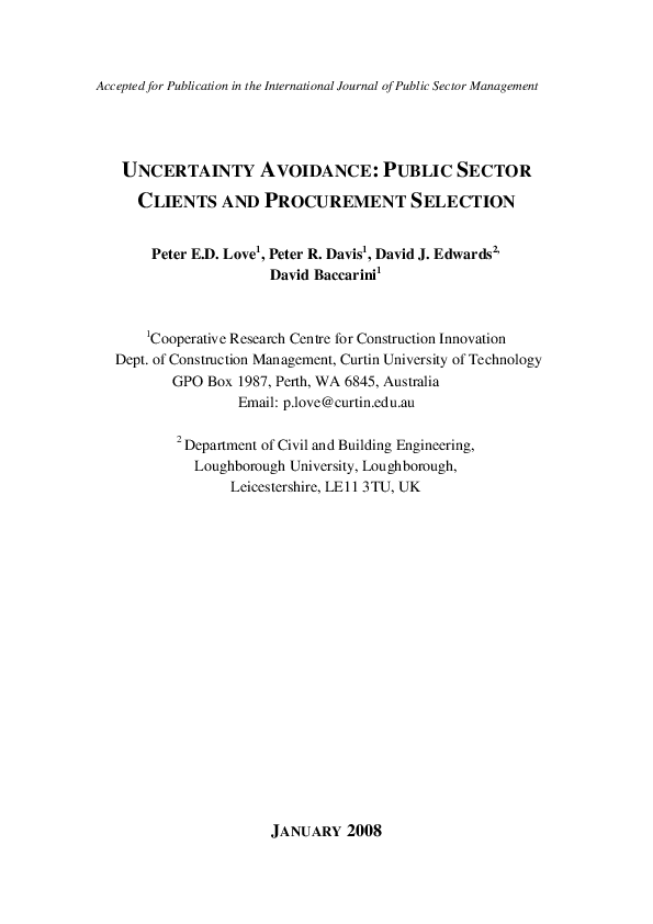 (PDF) Uncertainty avoidance: public sector clients and procurement ...