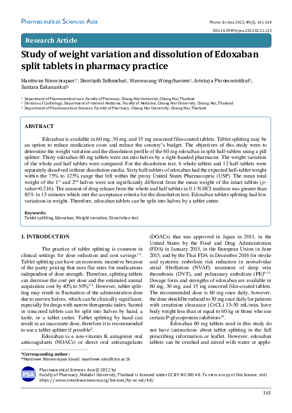 (PDF) Study of weight variation and dissolution of Edoxaban split ...