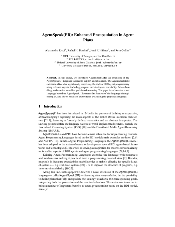 (PDF) AgentSpeak(ER): Enhanced Encapsulation in Agent Plans