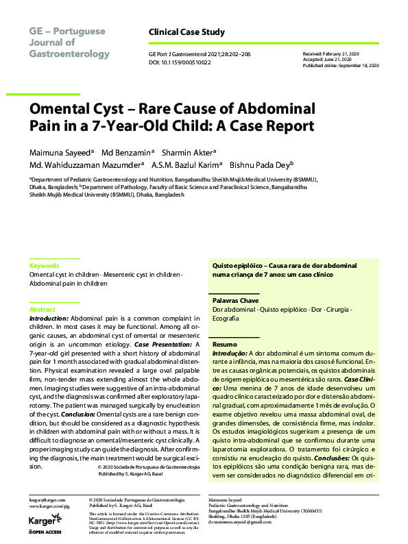 (PDF) Omental Cyst – Rare Cause of Abdominal Pain in a 7-Year-Old Child ...