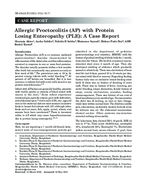 (PDF) Allergic Proctocolitis (AP) with Protein Losing Enteropathy (PLE ...
