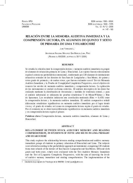 (PDF) Relación entre la memoria auditiva inmediata y la comprensión ...