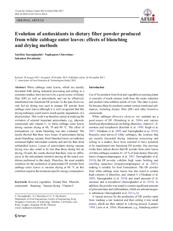 (PDF) Evolution of antioxidants in dietary fiber powder produced from white cabbage outer leaves ...