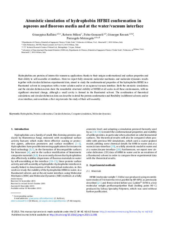 (PDF) Atomistic simulation of hydrophobin HFBII conformation in aqueous ...