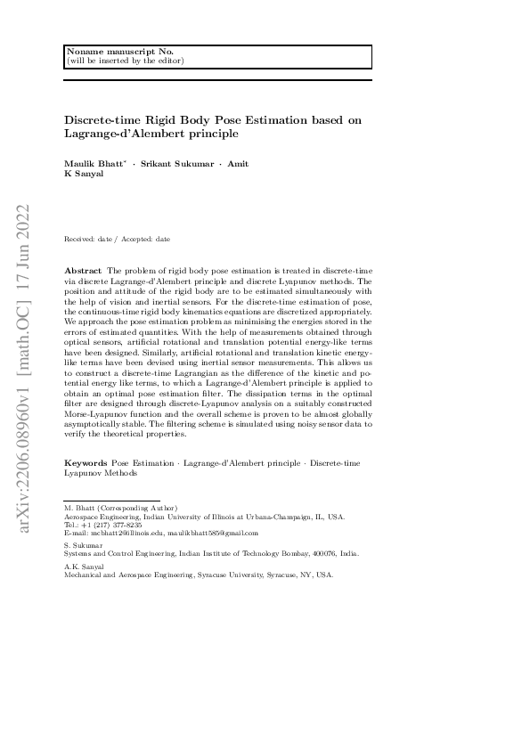 Pdf Discrete Time Rigid Body Pose Estimation Based On Lagrangedalembert Principle