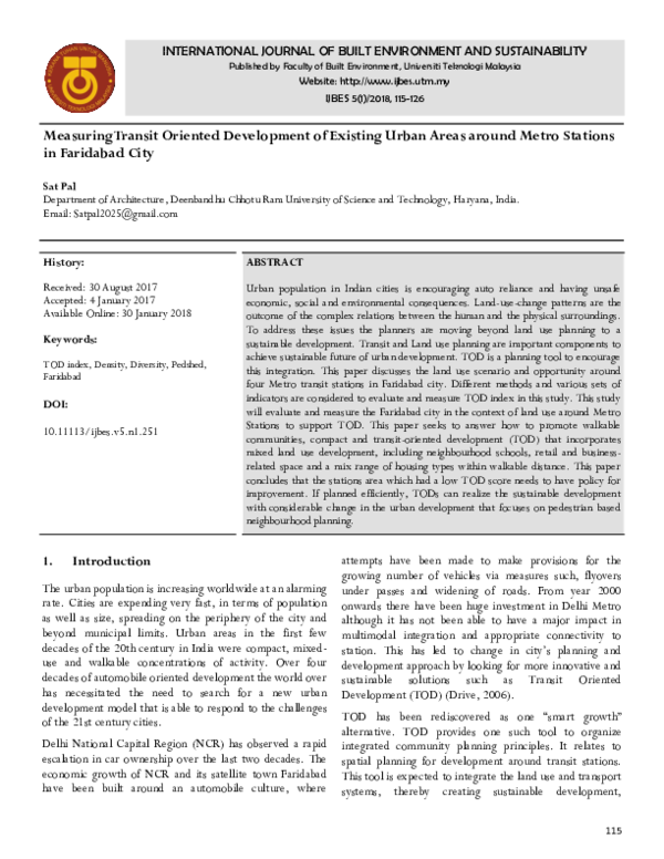 (PDF) Measuring Transit Oriented Development of Existing Urban Areas around Metro Stations in ...