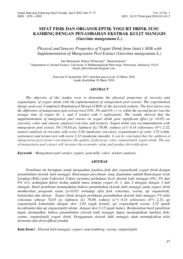 (PDF) Sifat Fisik dan Organoleptik Yogurt Drink Susu Kambing dengan Penambahan Ekstrak Kulit ...