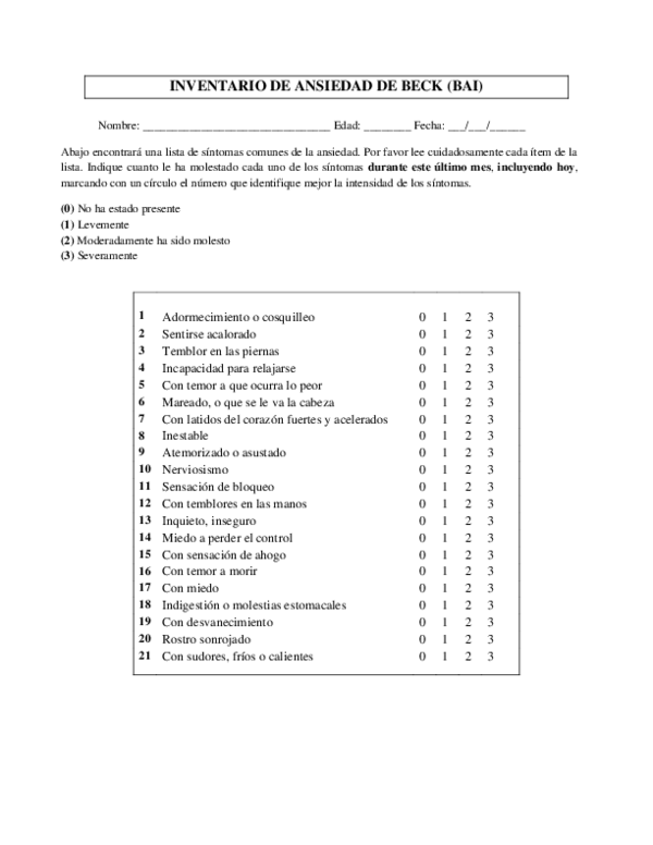 (PDF) INVENTARIO DE ANSIEDAD DE BECK (BAI