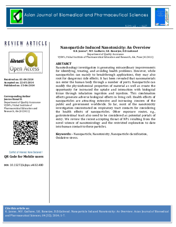 (PDF) Nanoparticle induced Nanotoxicity: An Overview