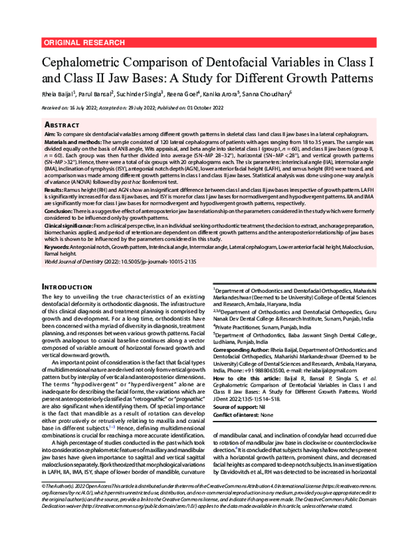 (PDF) Cephalometric Comparison of Dentofacial Variables in Class I and ...