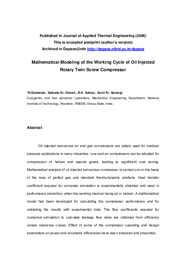 (PDF) Mathematical modeling of the working cycle of oil injected rotary ...