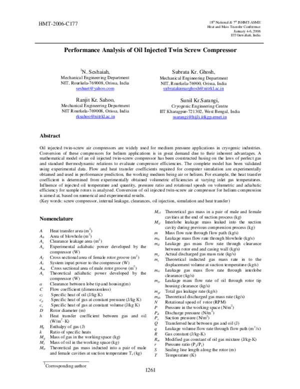 (PDF) Performance analysis of oil injected twin screw compressor