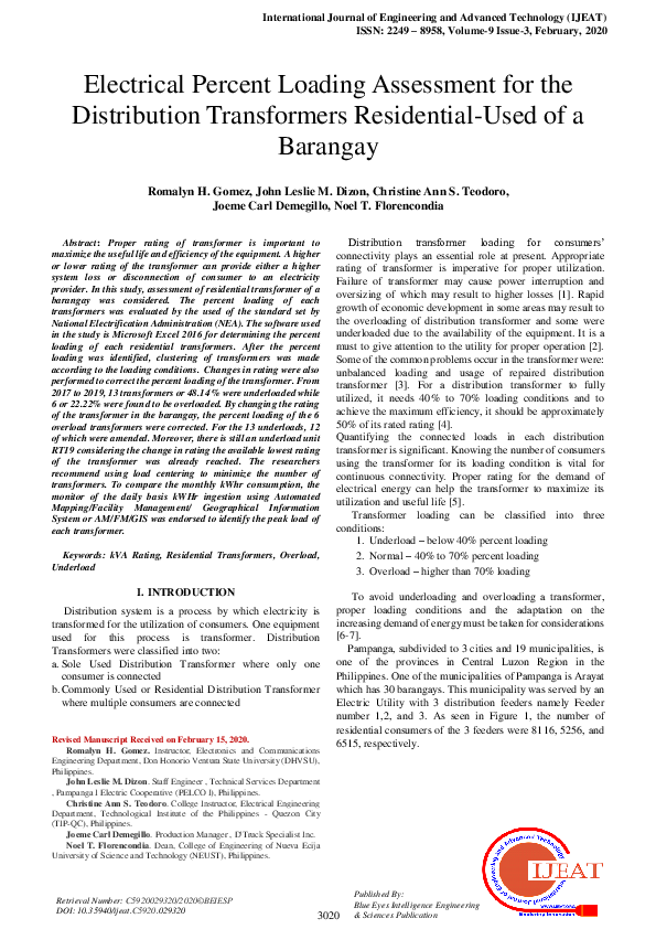 (PDF) Electrical Percent Loading Assessment for the Distribution Transformers Residential-Used ...