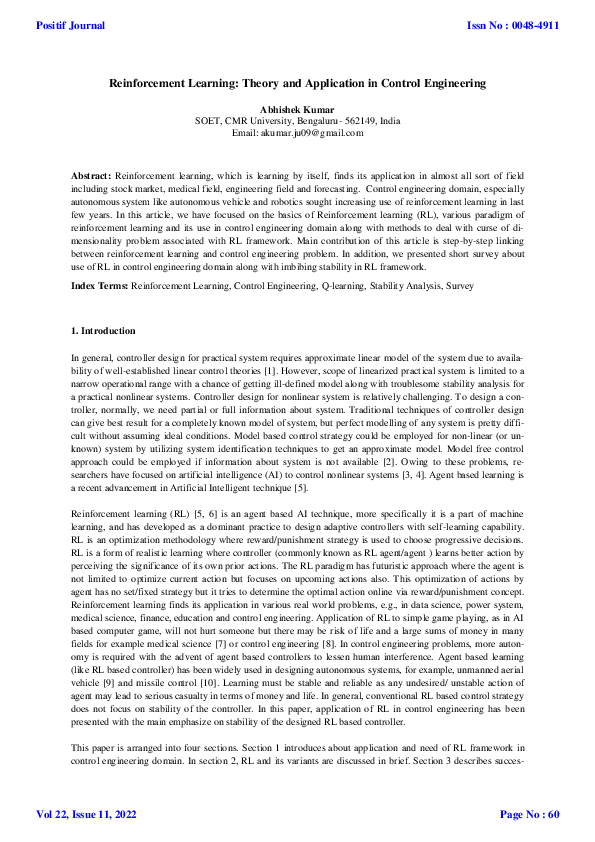 (PDF) Reinforcement Learning: Theory and Application in Control Engineering